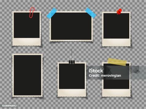 끈적 끈적한 테이프 종이 클립 투명한 배경에 바인더 클립이 있는 빈 장소가 있는 사진 프레임 모음 사진 예술 및 공예제품에 대한 스톡 벡터 아트 및 기타 이미지 Istock