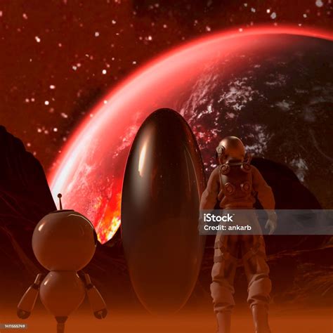 밤에 사막 외계 행성에서 이상한 달걀 모양의 물체를 마주하는 우주 비행사와 작은 로봇 3차원 형태에 대한 스톡 사진 및 기타 이미지 3차원 형태 가공의 행성 감시