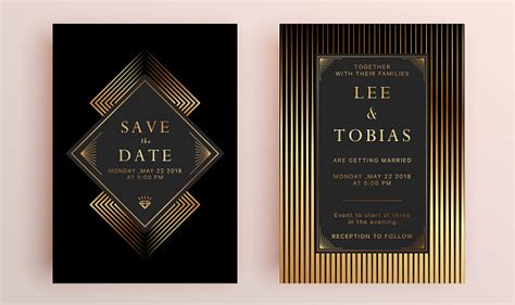 웨딩 카드 템플릿의 아름다운 세트 기하학적 다면체 결혼식 초대장 고급 템플릿 장식 패턴에 대한 아르 데코 스타일의 골드 컬렉션입니다 결혼 반지에 대한 스톡 벡터 아트 및