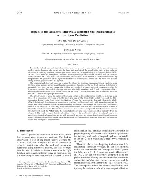 Pdf Impact Of The Advanced Microwave Sounding Unit Measurements On Hurricane Prediction