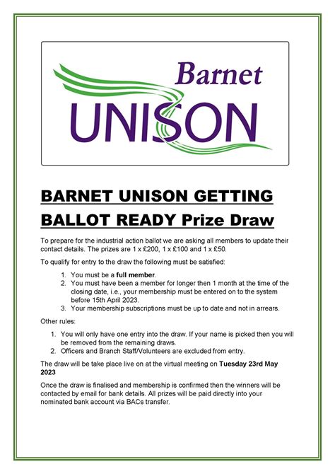 Barnet Unison Getting Ballot Ready Prize Draw Rules Barnet Unison