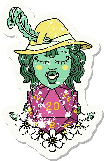 자연 20 주사위 롤을 가진 반 오크 음유 시인의 그런지 스티커 굴리기에 대한 스톡 벡터 아트 및 기타 이미지 굴리기 깃털 도깨비 Istock