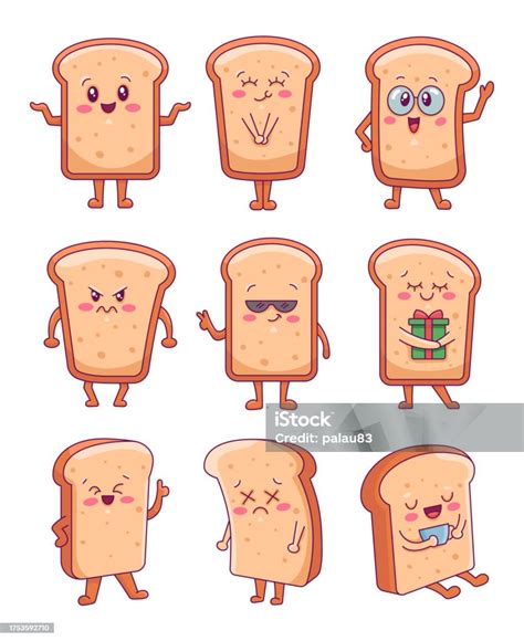 재미있는 행복한 토스트 캐릭터 웃는 얼굴로 구운 빵을 얇게 썬 귀여운 만화 손으로 그린 스타일 벡터 그리기 디자인 요소