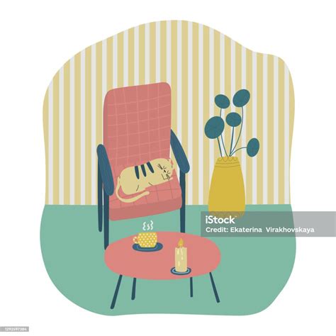 자유 형식의 배경을 가진 아늑한 집의 벡터 일러스트레이션 노란 고양이가 분홍색 안락의자에 잠을 자고 집 식물과 차 나 커피와 촛불이있는 테이블 근처에 있습니다 0명에 대한