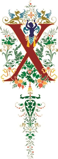 편지 X 꽃 중세 르네상스 화려한 대문자 모노그램 초기 알파벳 문자 프리미엄 벡터