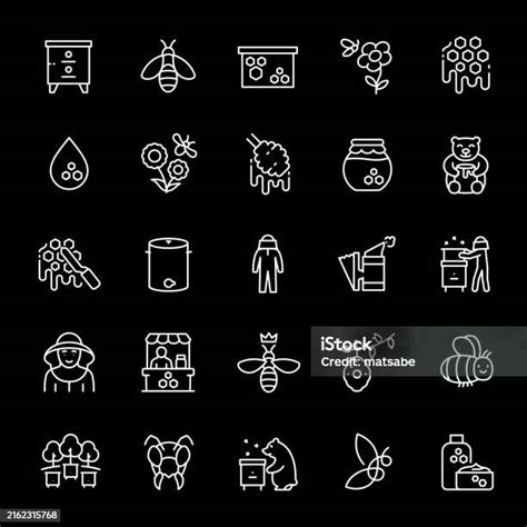 양봉 흰색 선 아이콘 꿀 생산 및 양봉 장비 농업 및 자연 테마 검은 배경에 기호 편집 가능한 스트로크 건강한 식생활에 대한 스톡 벡터 아트 및 기타 이미지 Istock