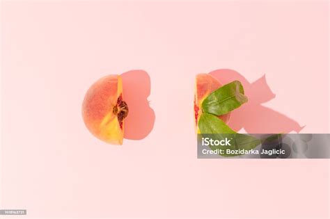 파스텔 핑크 배경에 반으로 자른 구덩이와 잎이있는 신선한 육즙이 많은 복숭아 최소한의 과일 개념 건강한 생 식품 트렌디 한 구성 여름 파티 미학 플랫 레이 개념에 대한 스톡