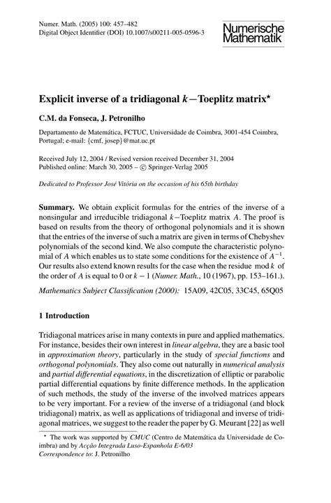 Pdf Explicit Inverse Of A Tridiagonal K−toeplitz Matrix