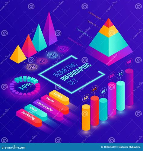 Isometric 3D Data Graphs And Diagram Dark Set 2 Stock Vector