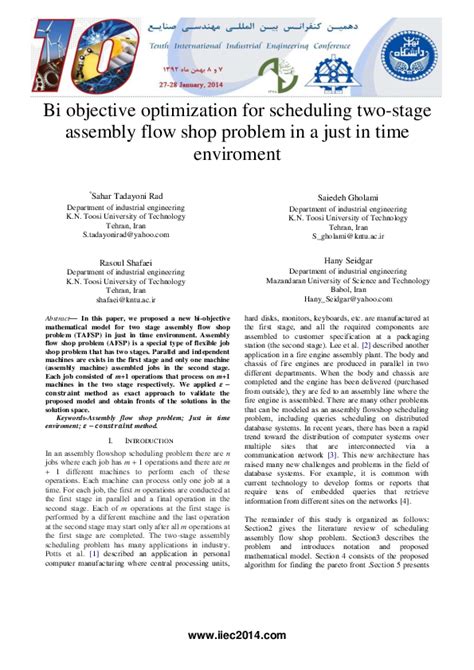 Pdf Bi Objective Optimization For Scheduling Two Stage Assembly Flow Shop Problem In A Just In