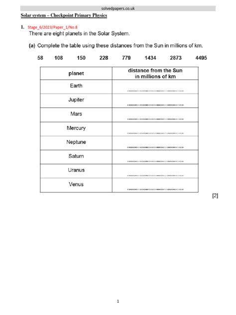 2023 2 Solar System Checkpointprimary Physics Progression Stage 6 Pdf