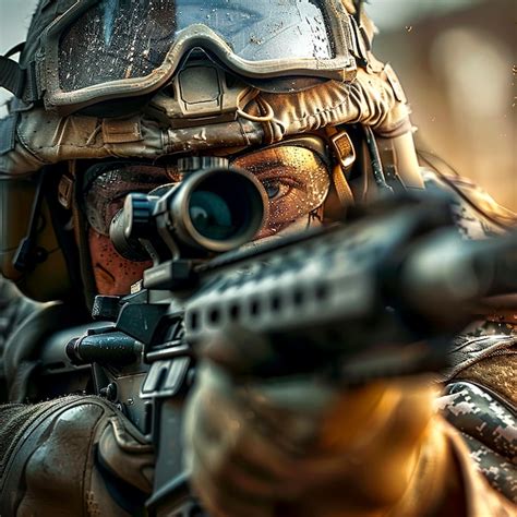Close Up Of A Soldier Aiming Down Sights In Tactical Gear For Military Themed Projects Premium