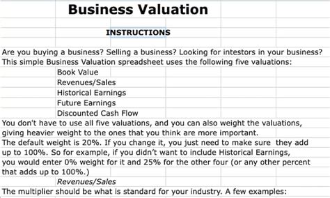 Business Valuation Excel Worksheet Template Etsy