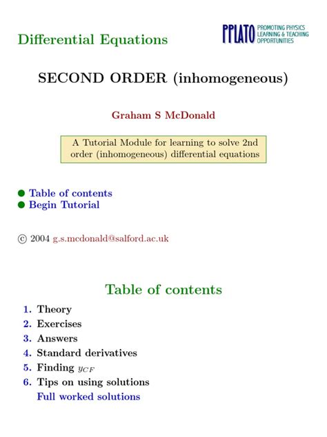 Second Order Inhomogeneous Odes Pdf Pdf Ordinary Differential Equation Differential Equations