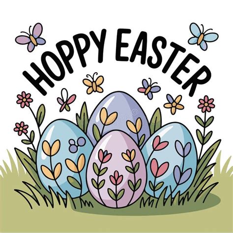 Cute Hoppy Easter Design With Decorated Eggs Butterflies Flowers And