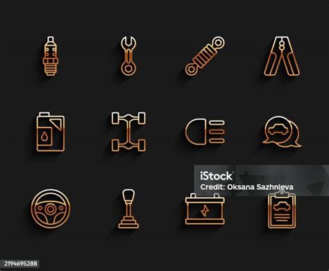 라인 스티어링 휠 기어 시프터 자동차 점화 플러그 배터리 검사 섀시 자동차 서비스 및 하이빔 아이콘을 설정합니다 벡터 가솔린에 대한 스톡 벡터 아트 및 기타 이미지 Istock
