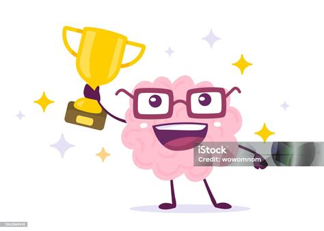 화이트 컬러 배경에 골든 위너 컵 안경에 행복 챔피언 두뇌의 벡터 창조적 인 그림 행복한 인간의 두뇌 캐릭터의 플랫 낙서 스타일