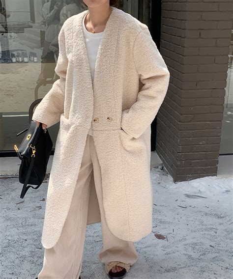 후리스 롱 코트 노카라 브이넥 로우숄더 루즈핏 오버핏 양모 뽀글이 절개 앞단추 단색 솔리드 캐주얼 코트 겨울 부드러운