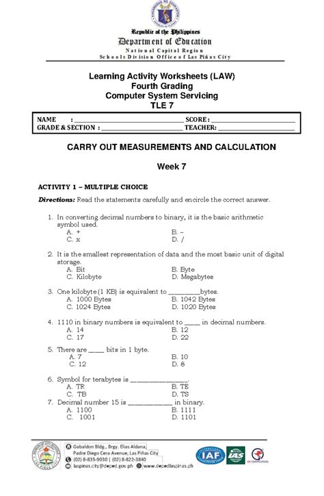 G7 Tle 7 Computer System Servicing Week 7 Learning Activity Worksheets