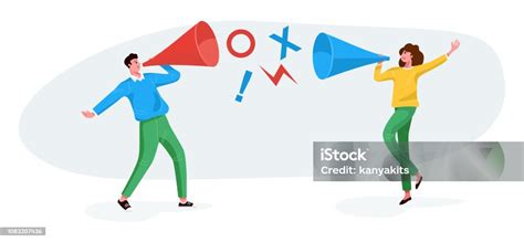 평면 스타일 한 남자와 말다툼 벡터 일러스트 레이 션에 큰 종이 나 팔을 가진 여자 개념에 대한 스톡 벡터 아트 및 기타 이미지 개념 개념과 주제 결별 Istock