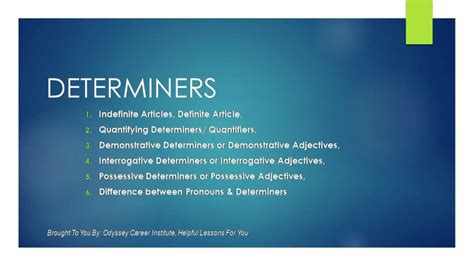 Determiners Articles Definite And Indefinite Quantifiers Demonstratives Possessives Youtube