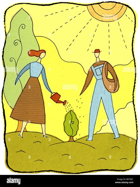 Man And Woman Watering A Small Tree Stock Photo Alamy