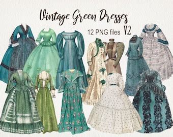 Vintage Green Dresses Clipart Digital Download Antique Fashion