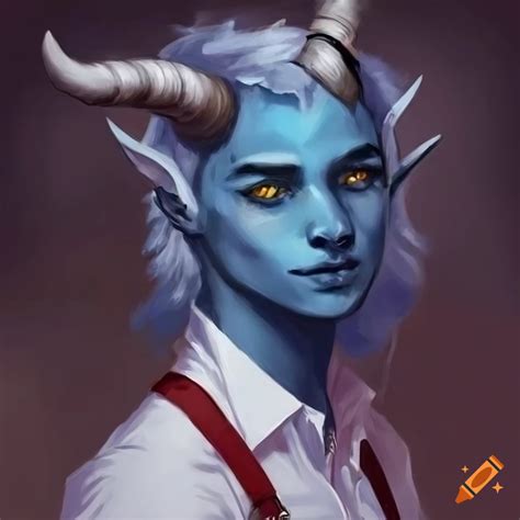 Blue Skinned Male Tiefling Artist With White Hair Black Horns And