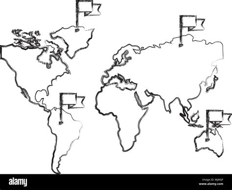 Navigation Gps World Map With Pointers Flags Vector Illustration Sketch