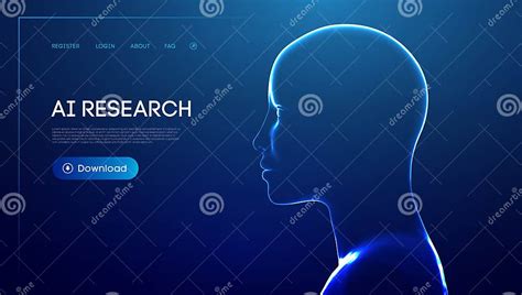 Futuristic Ai Research Interface With Glowing Human Silhouette On Blue Background Stock