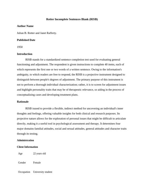 Rotter Incomplete Sentences Blank Final Pdf Psychological