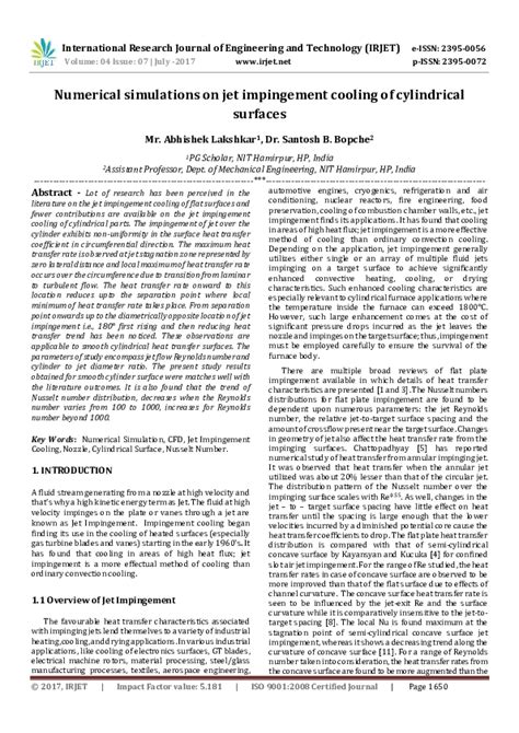 Pdf Numerical Simulations On Jet Impingement Cooling Of Cylindrical Surfaces