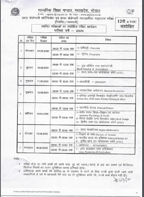 Revised MP Board Class Date Sheet Released Two Subjects Added
