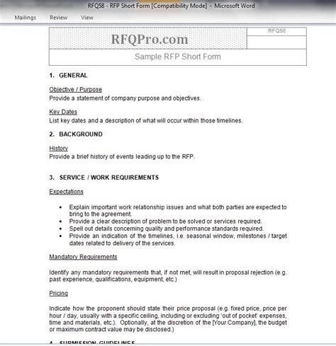 RFQ Sample RFP RFP Templates Free Sample Request For Proposal Form