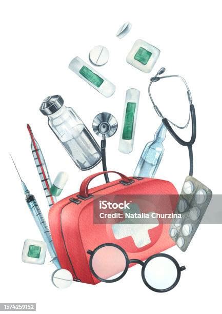 빨간색 의료 케이스 청진기 주사 석고 알약 및 안경이 포함된 구급 상자 손으로 그린 수채화 그림 흰색 배경에 격리된 컴포지션입니다 수채화에 대한 스톡 벡터 아트 및 기타