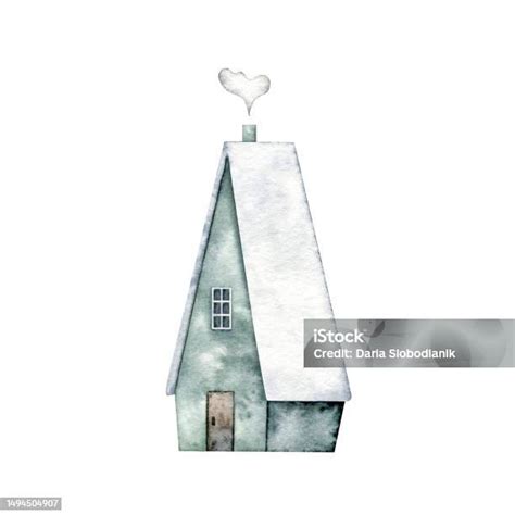 갈색 문 어두운 창문 굴뚝에서 나오는 연기 지붕에 눈이 내리는 에메랄드빛 귀여운 집 크리스마스 카드 기념품 겨울 포스터 새해 복 많이 받으세요 스티커 초대장 인사말을 위한