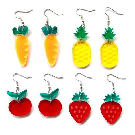 귀여운 작은 과일 레드 애플 딸기 옐로우 파인 애플과 오렌지 당근 여성을 위한 투명 컬러 아크릴 매달려 귀걸이드롭 이어링 Aliexpress