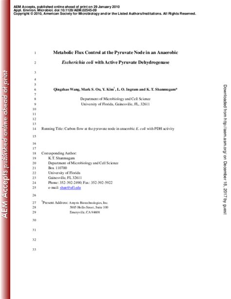 Pdf Metabolic Flux Control At The Pyruvate Node In An Anaerobic Escherichia Coli Strain With