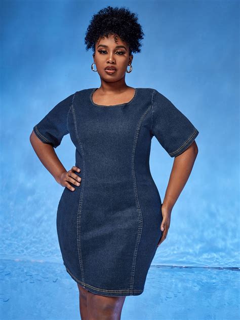 Plus Scoop Neck Denim Dress Denim Dress Blue Jean Dress Plus Dresses