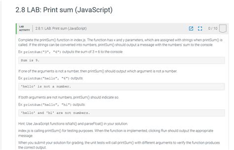 Solved 28 ﻿lab Print Sum Javascriptcomplete The