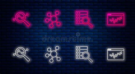 Set Line Project Team Base Server Search Data Analysis And Graph Chart Infographic Glowing