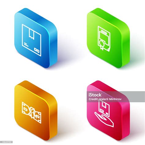 트래픽 기호 인증서 템플릿 구겨진 종이 돈 현금 및 배달 핸드 박스 아이콘이있는 등도 측정 선 골판지 상자를 설정합니다 벡터 3차원 형태에 대한 스톡 벡터 아트 및 기타