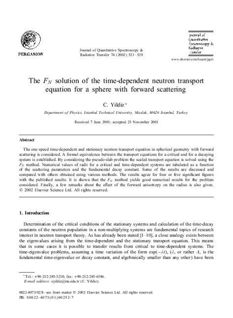 Pdf The Fn Solution Of The Time Dependent Neutron Transport Equation For A Sphere With Forward