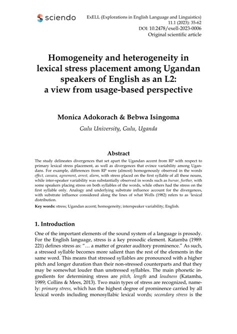 Pdf Homogeneity And Heterogeneity In Lexical Stress Placement Among Ugandan Speakers Of