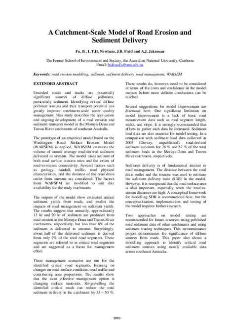 Pdf A Catchment Scale Model Of Road Erosion And Sediment Delivery