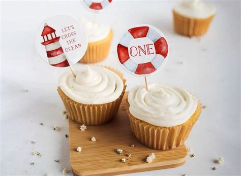 Nautical Birthday Cupcake Toppers Personalized Sailboat Theme Party Decorations Ahoy Sailor
