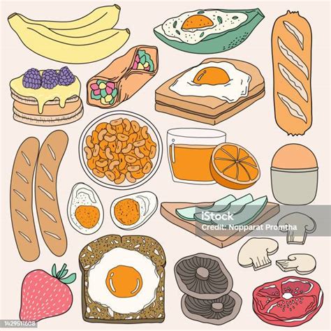 흰색 배경에 낙서 아트 스타일로 설정된 손으로 그린 아침 식사 음식 개체 그룹에 대한 스톡 벡터 아트 및 기타 이미지 개체 그룹 건강한 식생활 곡초류 Istock