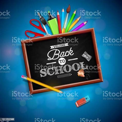 다채로운 연필 지우개와 파란색 배경에 다른 학교 항목 학교 디자인 돌아가기 칠판 및 인사말 카드 배너 전단지 초대장 브로셔 또는 홍보 포스터 인쇄 술 레터링 벡터 일러스트