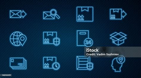 골판지 상자 판지 골판지 교통 기호 팩 보안 방패 지구본 위치 봉투 및 돋보기 아이콘으로 라인 배달원을 설정합니다 벡터 24에 대한 스톡 벡터 아트 및 기타 이미지 Istock