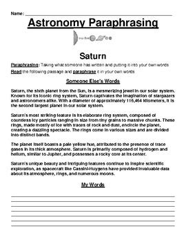 Saturn Paraphrasing Worksheet By Best Educational Consulting Tpt